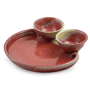 American Made Stoneware Pottery Chip and Dip Tray in Red Delicious (11.5" Double Dip)