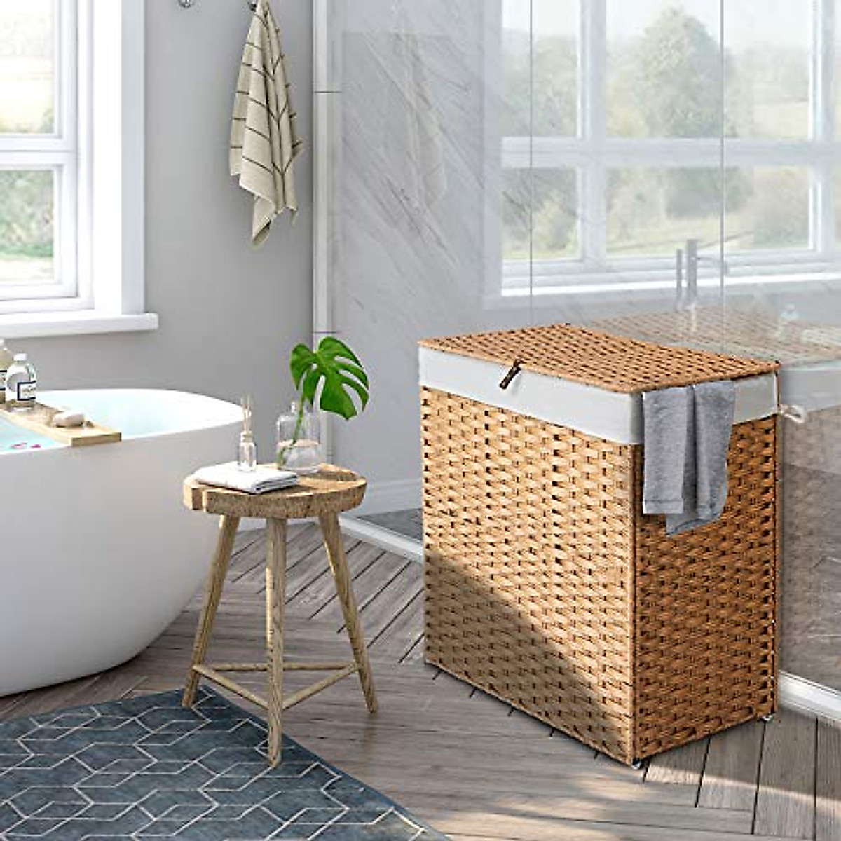GREENSTELL Laundry Hamper, No Install Needed, 90L Wicker Laundry Baskets Foldable 2 Removable Liner Bags, 2 Section Clothes Hamper Handwoven Laundry Basket with Handles, Nature 18.3x13.3x24 Inches