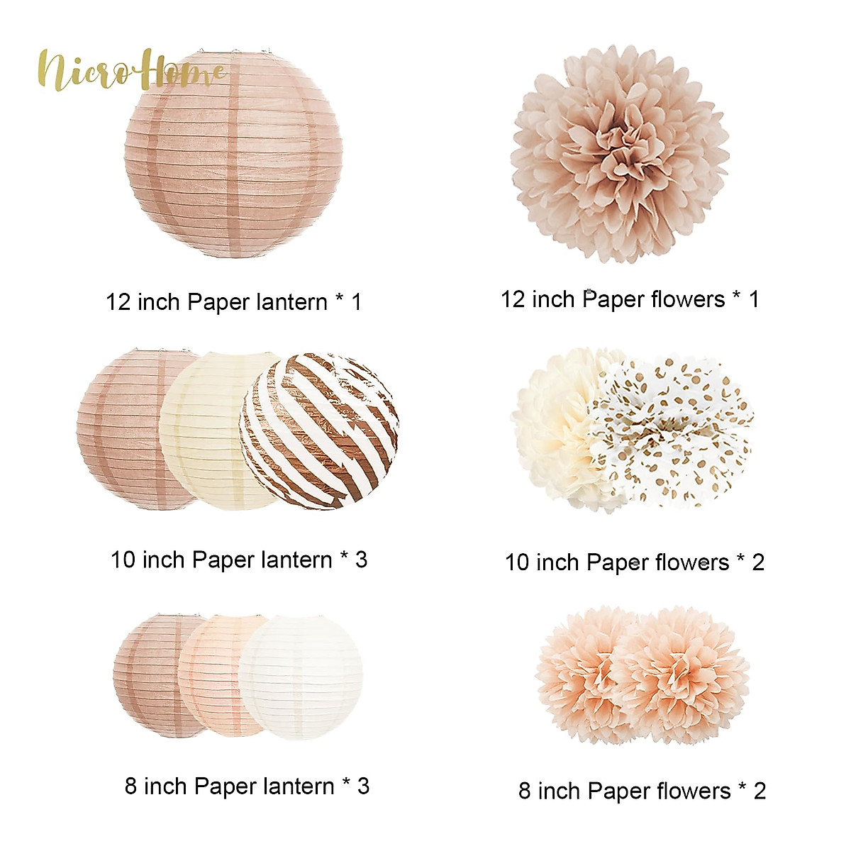 NICROHOME Wedding Decorations, 12 PCS Champagne Tissue Paper Pom Poms and Lanterns Set, Creamy White Paper Flowers for Engagement Receptions, Boho Bridal Showers Party Supplies