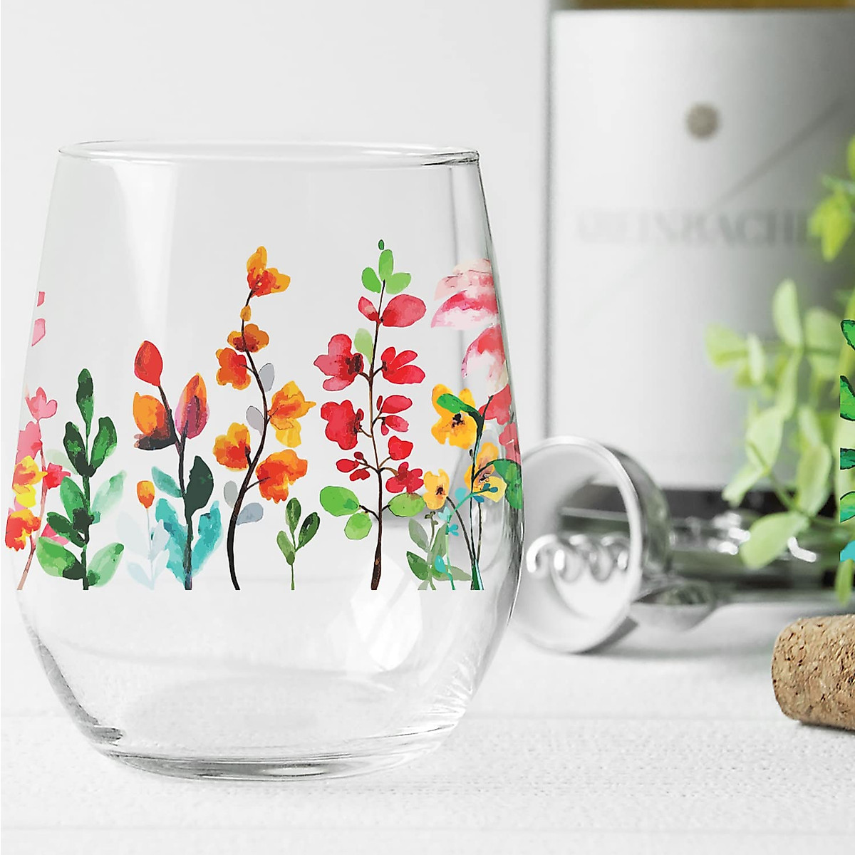 Toasted Tales Wildflowers Lake and Lodge Collection | 16 oz Stemless Wine Glass | Seasonal Outdoor Home Décor Accessory Glassware | Forest Animals Design | Wine Tasting Gift For Her