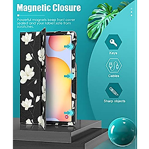 MoKo Case Compatible with Galaxy Tab S6 Lite 2020, Slim PU Tablet Shell Cover Stand Case with Auto-Wake S-Pen Holder Fit Samsung Galaxy Tab S6 Lite 10.4 2020 SM-P610/P615 ONLY - Black & White Magnolia