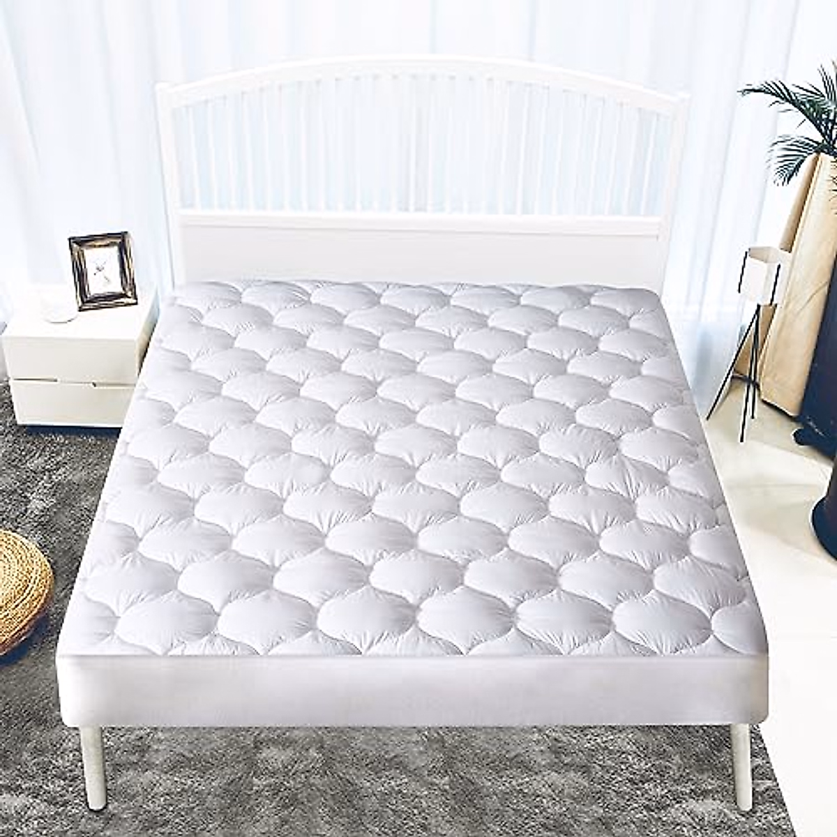 JURLYNE Mattress Pad Full XL Size, Quilted Fitted Mattress Cover, Pillow Top with Fluffy Breathable 5D & 7D Spiral Fiber Filling, Cooling Mattress Topper Cover, Protector, White