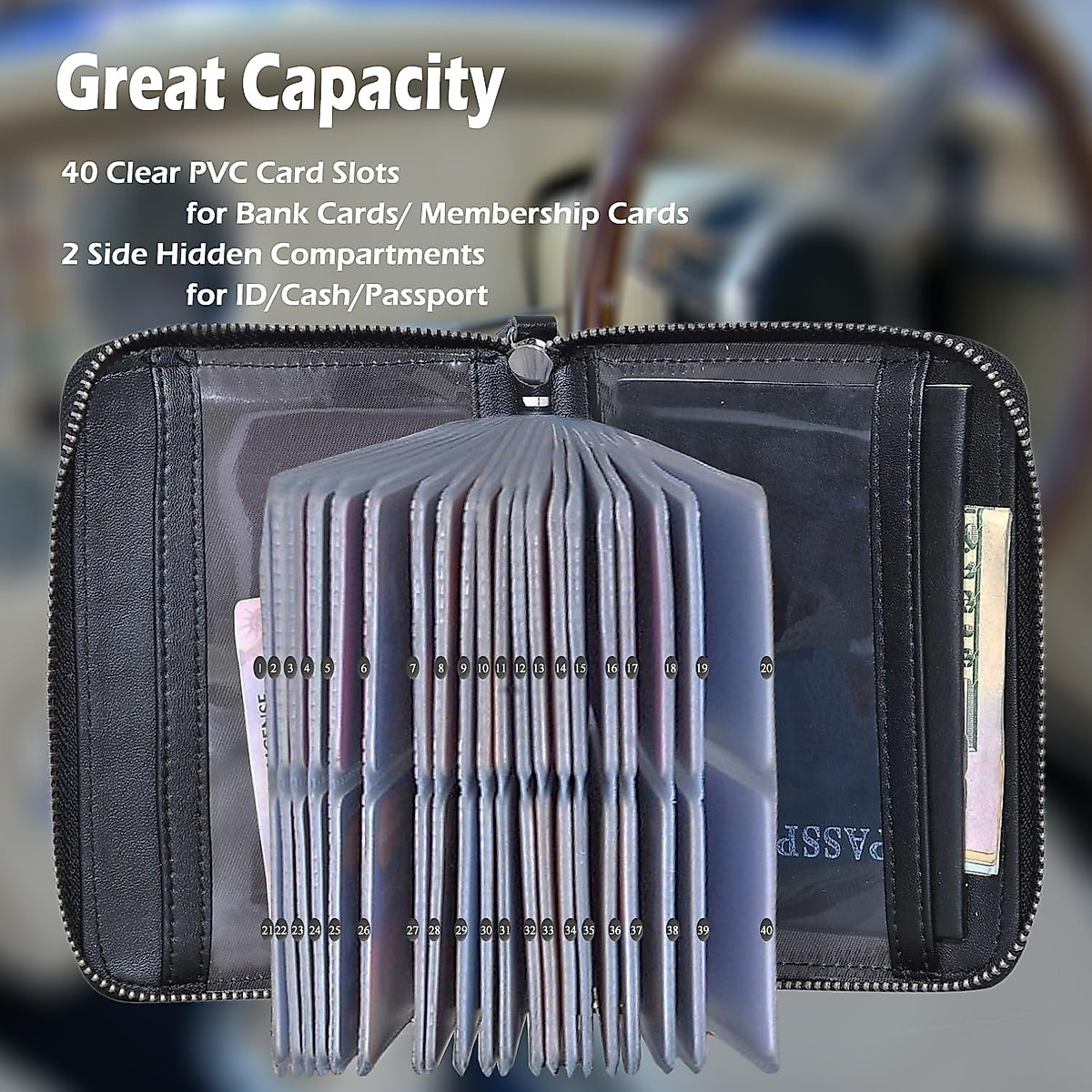 Large Credit Card Holder Wallet Genuine Leather Passport Holder 42 Card Slots (Black)