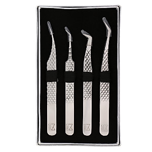 M LASH Eyelash Extension Tweezers (Set of 4) - Professional & Precision Lash Tweezers for Eyelash Extensions - Japanese Steel, Diamond Grip, Fiber Tip I-Series (Silver)