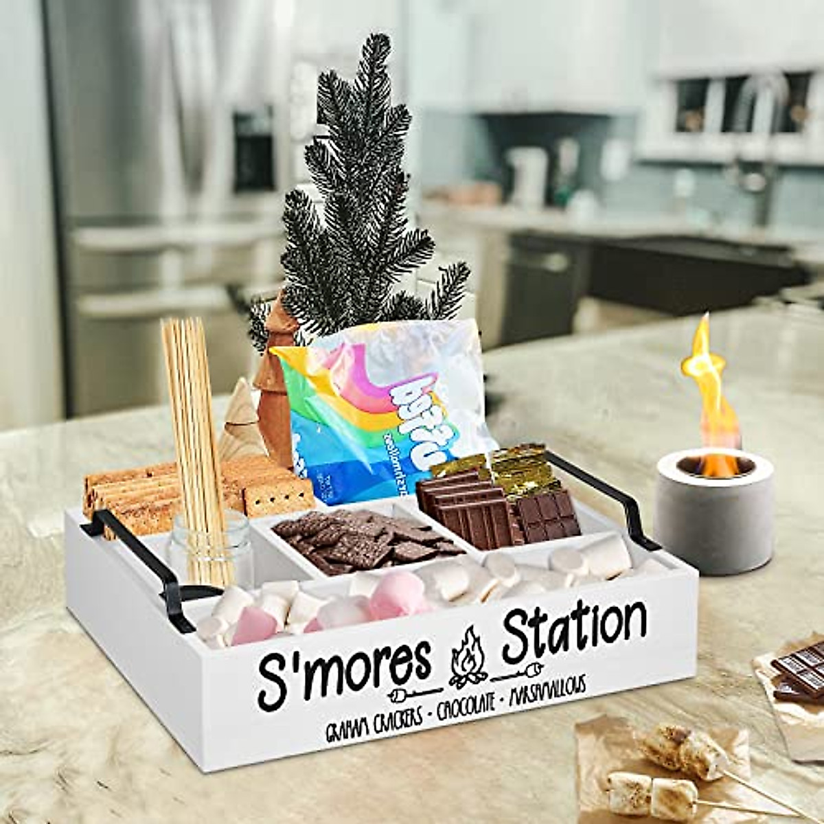 Unistyle S'Mores Station Box S'Mores Bar Holder S'Mores Tray Station for Smores Kit,S'mores Caddy Organizer for Tabletop with Glass Jar and Sticks Camping BBQ Gift