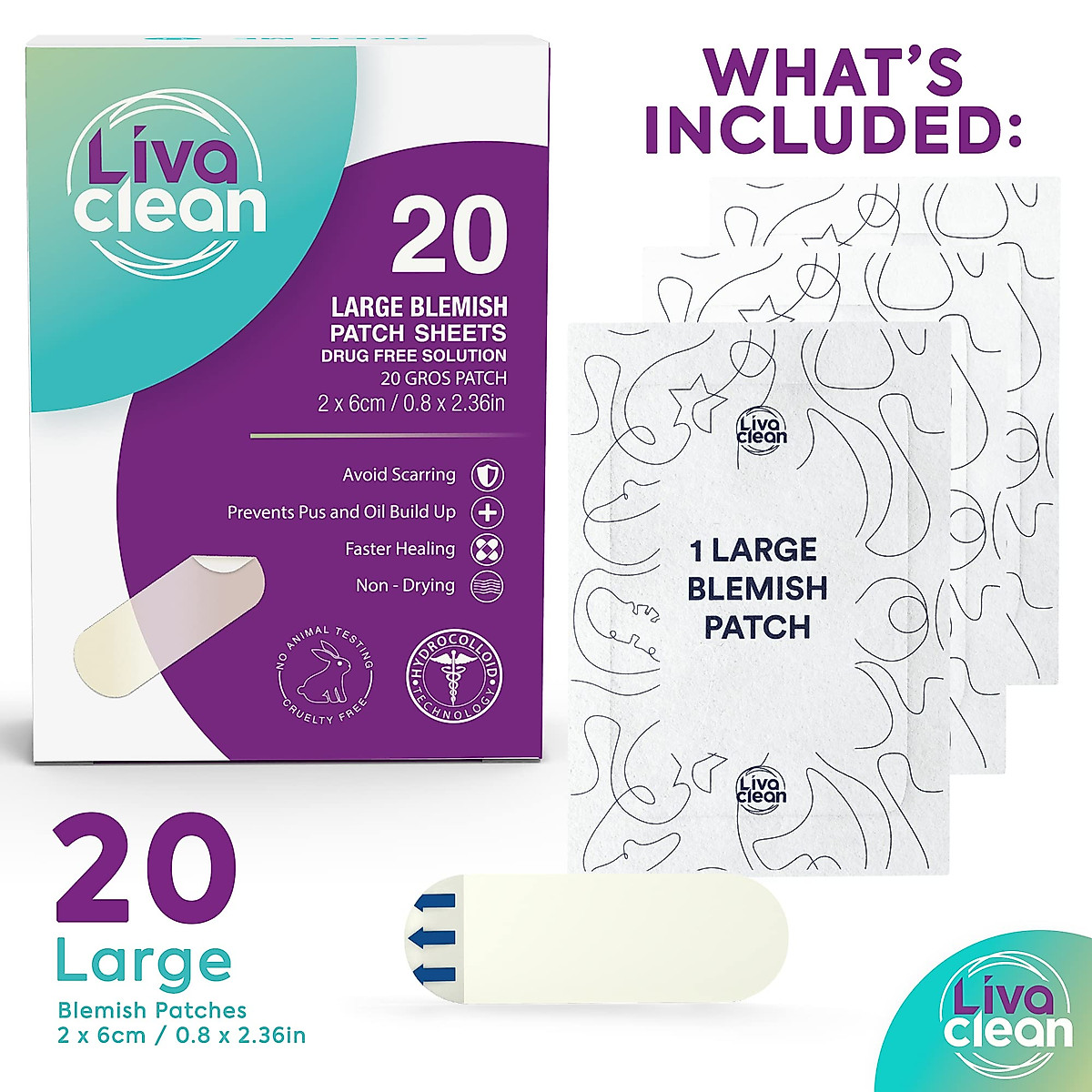 20 CT LivaClean Large Hydrocolloid Acne Patches - for Pore Spots Nose Face Cystic Pimple Zit Patch - Big Pimple Patches Hydrocolloid Bandages Strips