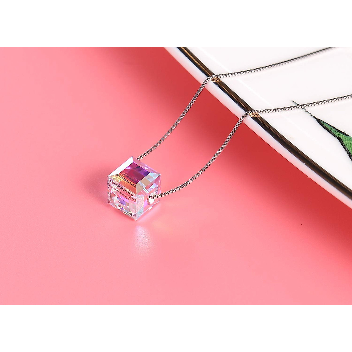 PLATO H Girls S925 Sterling Silver Necklace Crystals Cube Pendant for Women Unique Jewelry with Exquisited Gift Box Valentines Mothers Day for Her