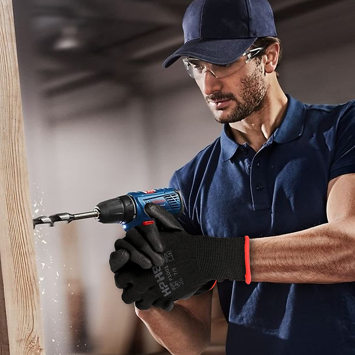 HPHST PU Coated Safety Work Gloves, 12 Pairs Work Gloves Mechanic Working Seamless Knit Glove for Men Women with Polyurethane Coated Smooth Excellent Grip on Palm&Fingers - Black (Large)