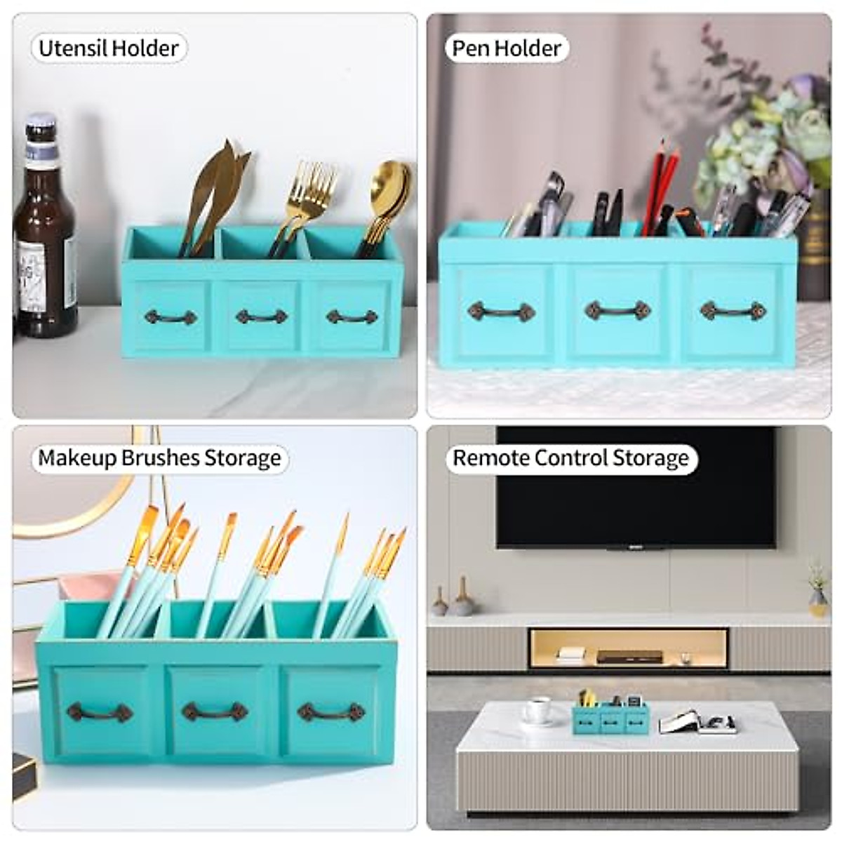Wood Kitchen Storage Box for Storing Tableware Seasoning Tea Bags Coffee Bags Snacks Candy 3 Separate Parts of Wooden Pencil Pen Holder for Home Office Study Organizer Decoration (Blue)