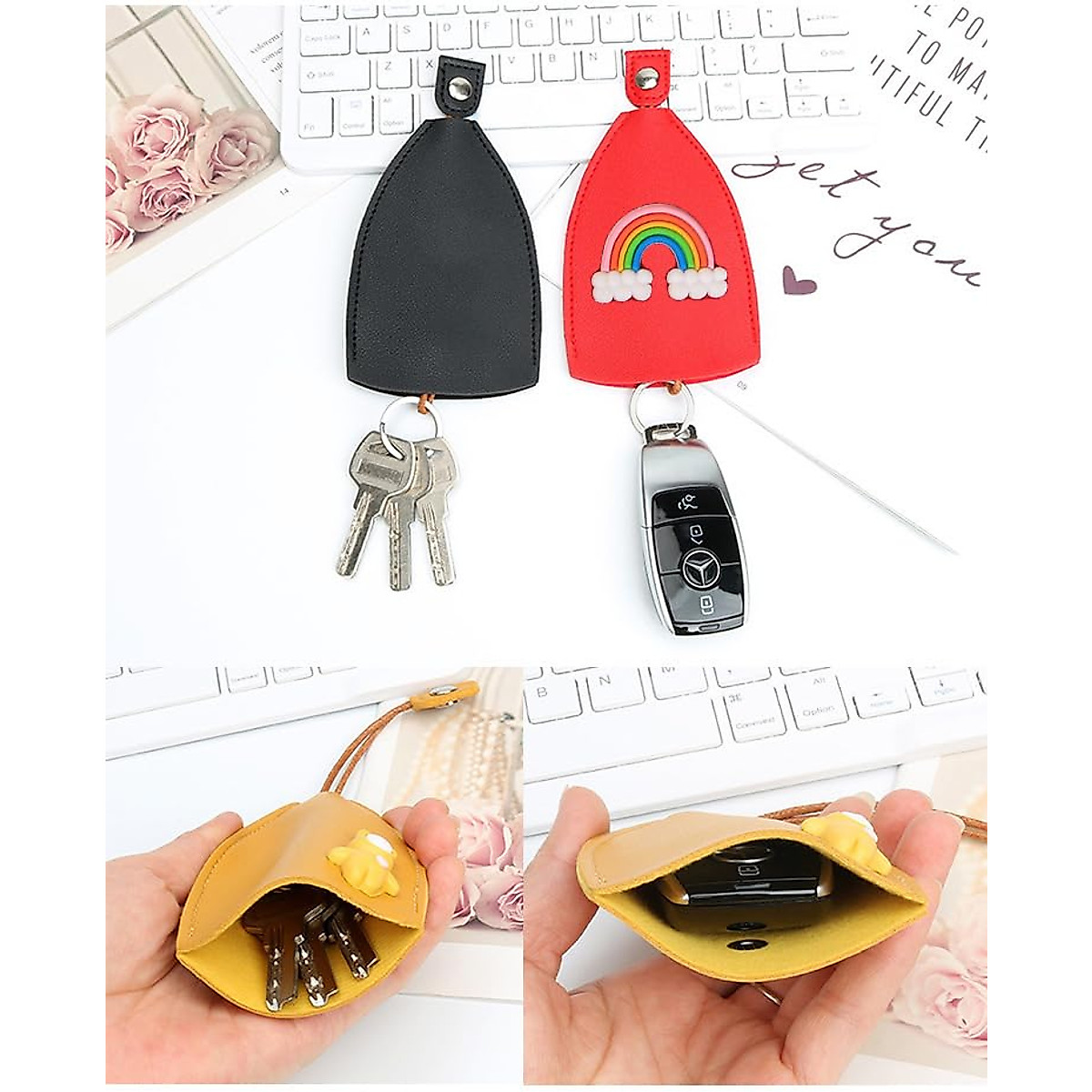 DIOWUS Car Key Case, Cute Fruits PU Leather Key Bag Creative Pull-Out Cute Large-Capacity Car Key Case Car Keychain Pouch Sleeve (Large pattern)