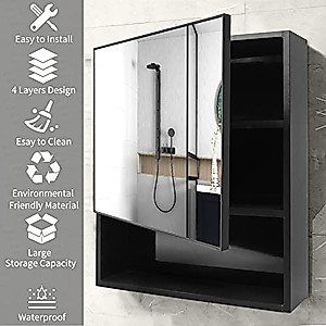 YEPOTUE Black Mirrored Medicine Cabinet 23.6" x19.6 Bathroom Wall Mounted Space Aluminum Storage, Water, and Rust Resistant, Surface Mount…