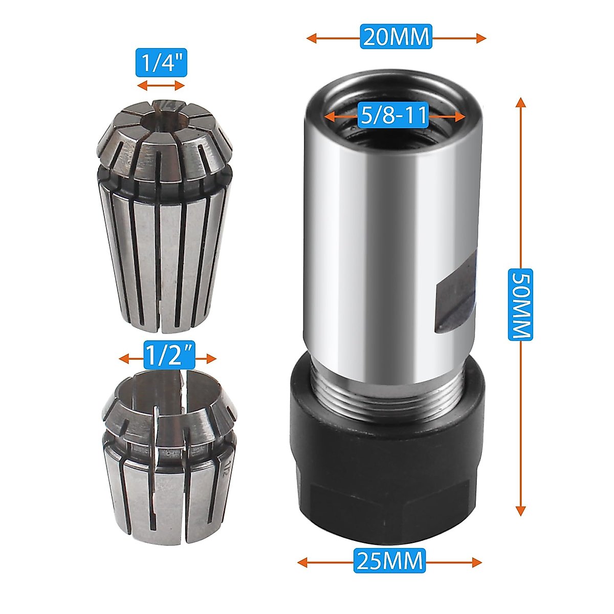 5/8"-11 Thread Angle Grinder Extension Shaft Set Electric Drill Conversion Collets Adapter Woodworking Tool Accessories Include Spring Collet 1/4" & 1/2" 3PCS