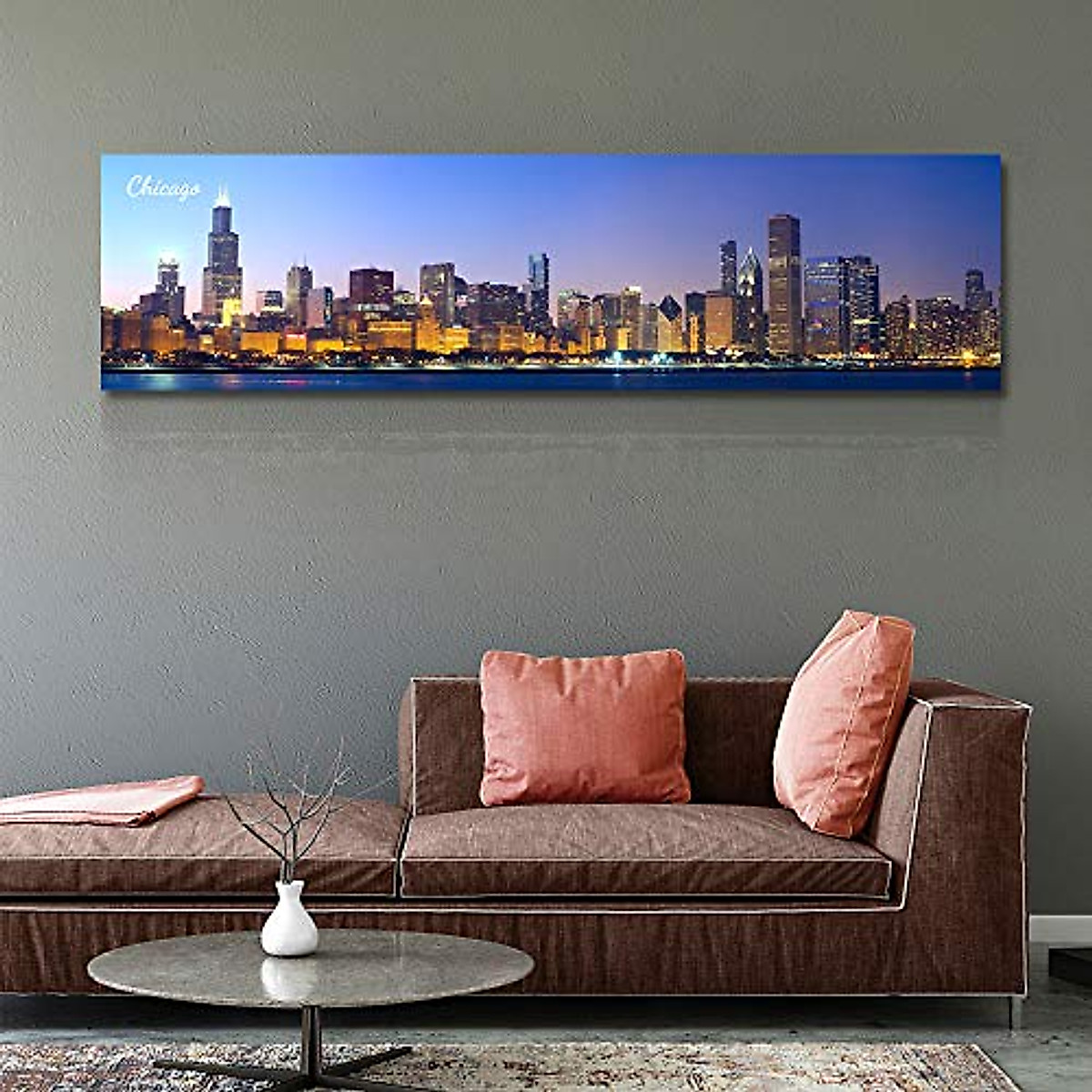 Chicago Skyline Wall Art for Living Room Cityscape Canvas Modern Home Decor Panorama Pictures City Building House Decorations Skyscraper Artwork Night View Posters and Prints 12x46 Inch 1 Panel