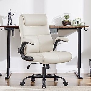 Office Chair - Ergonomic Executive Computer Desk Chair with Flip-up Armrest, Mid Back PU Leather 360° Swivel Task Chair with Lumbar Support and Wheels, Metal Base