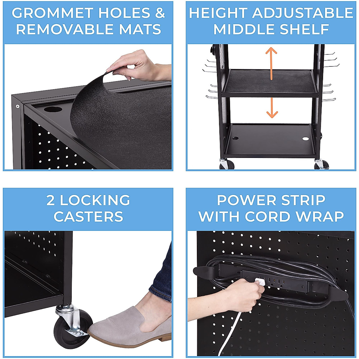 Line Leader Stellar AV Cart | Reimagine Your Teacher Cart with Revolutionary Pegboard Siding & 12 Movable Hooks for Customizable Storage | UL Safety Certified Cart | Keyboard Tray & Drop Leaf Shelving
