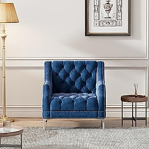 Merax, Blue 33.5" Modern Sofa Frosted Velvet Soft Upholstered Couch Loveseat with Metal Legs,Button Tufted Back for Living Room