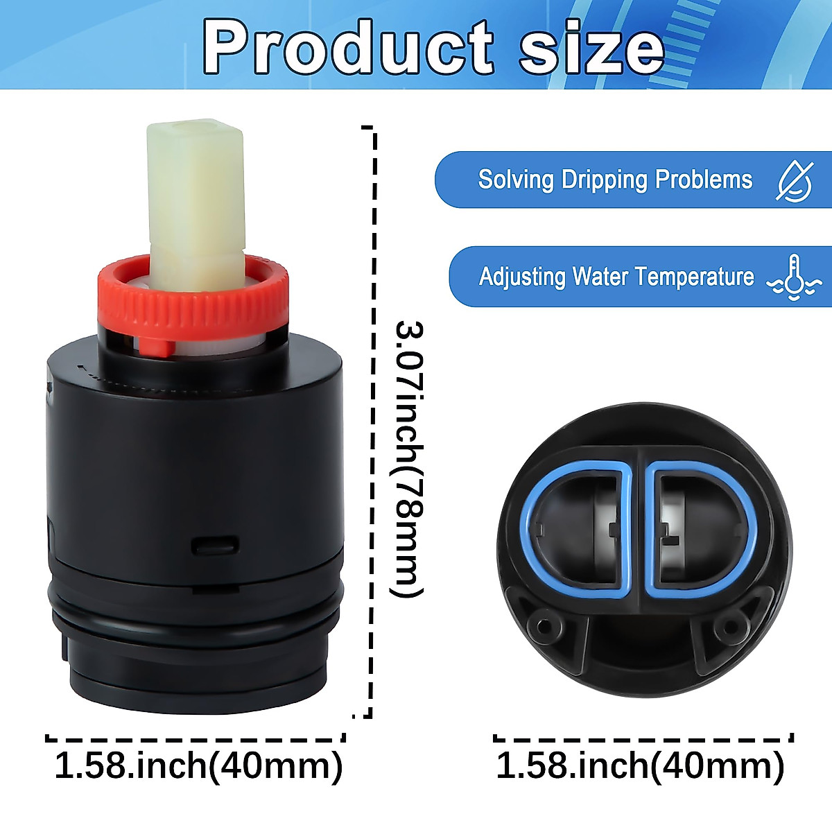 N40HKC Shower Cartridge Replacement,40mm Shower Faucet Cartridge,for Tub/Shower Faucet, the height of the product is 3.07 inches (78mm) and the width is 1.58 inches (40mm), Black (1Pack)