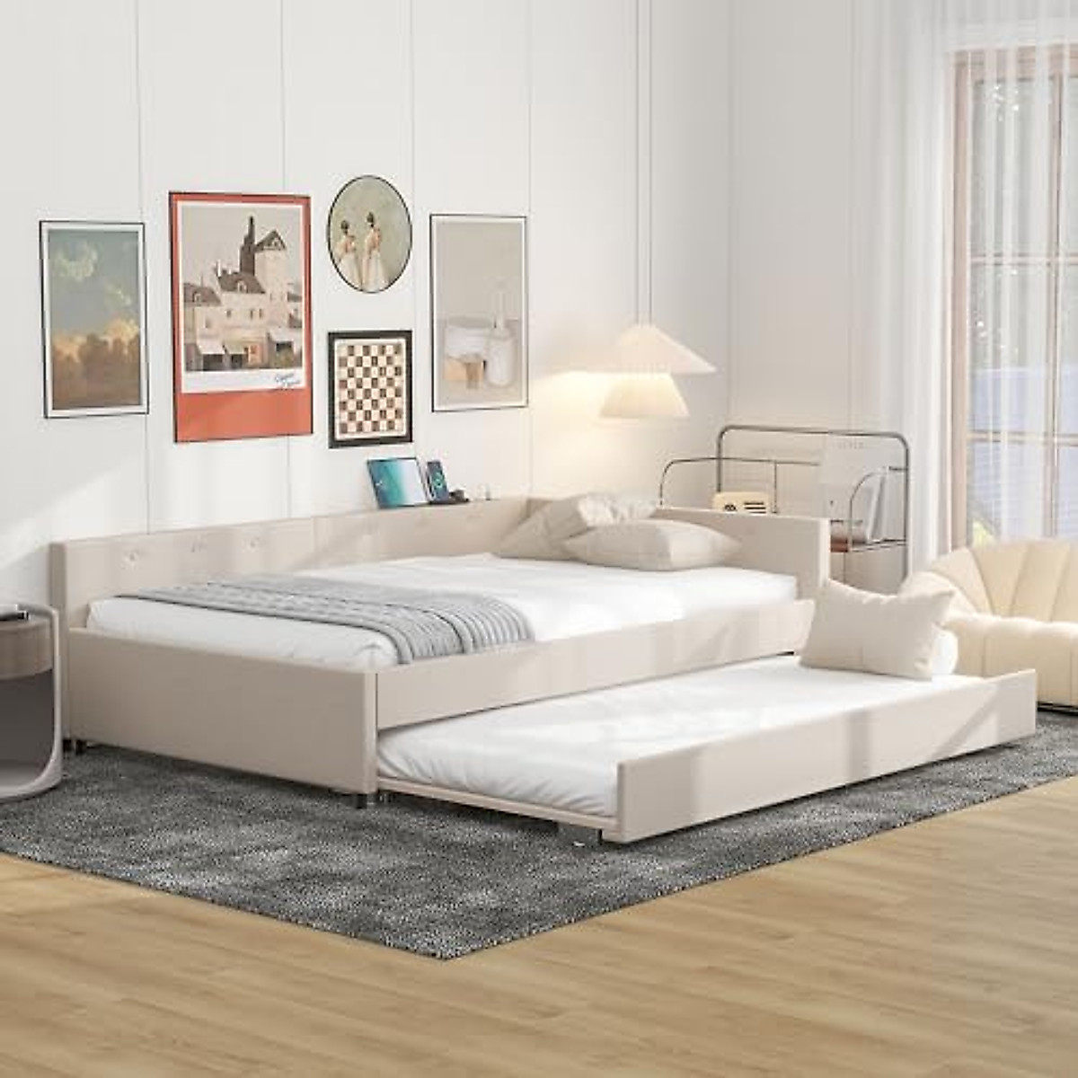 KTATK Wood House Bed with 2 Twin Solid Bed,L Structure Bedroom Platform Bed Frame W/Fence and Slatted Frame,No Box Spring Required,for Kids Teens Boy Girl,White