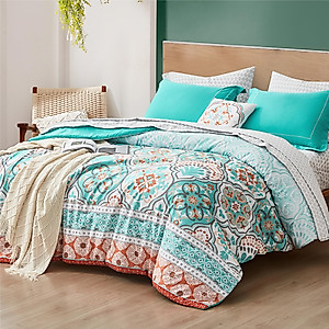 Degrees of Comfort Twin Bed in A Bag 6 Piece, Lattice Boho Bedding Sets for Teen Girls, Aqua Floral Bed Set, Microfiber Colorful Comforter Set with Sheets, Matching Decorative Pillow