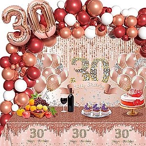 30th Birthday Decorations for Women - Rose Gold Happy 30th Birthday Decor Include Balloon Garland Arch Kit,30th Birthday Backdrop,Tablecloth,Number 30 Foil Confetti balloon 30 Years Old Party Supplies