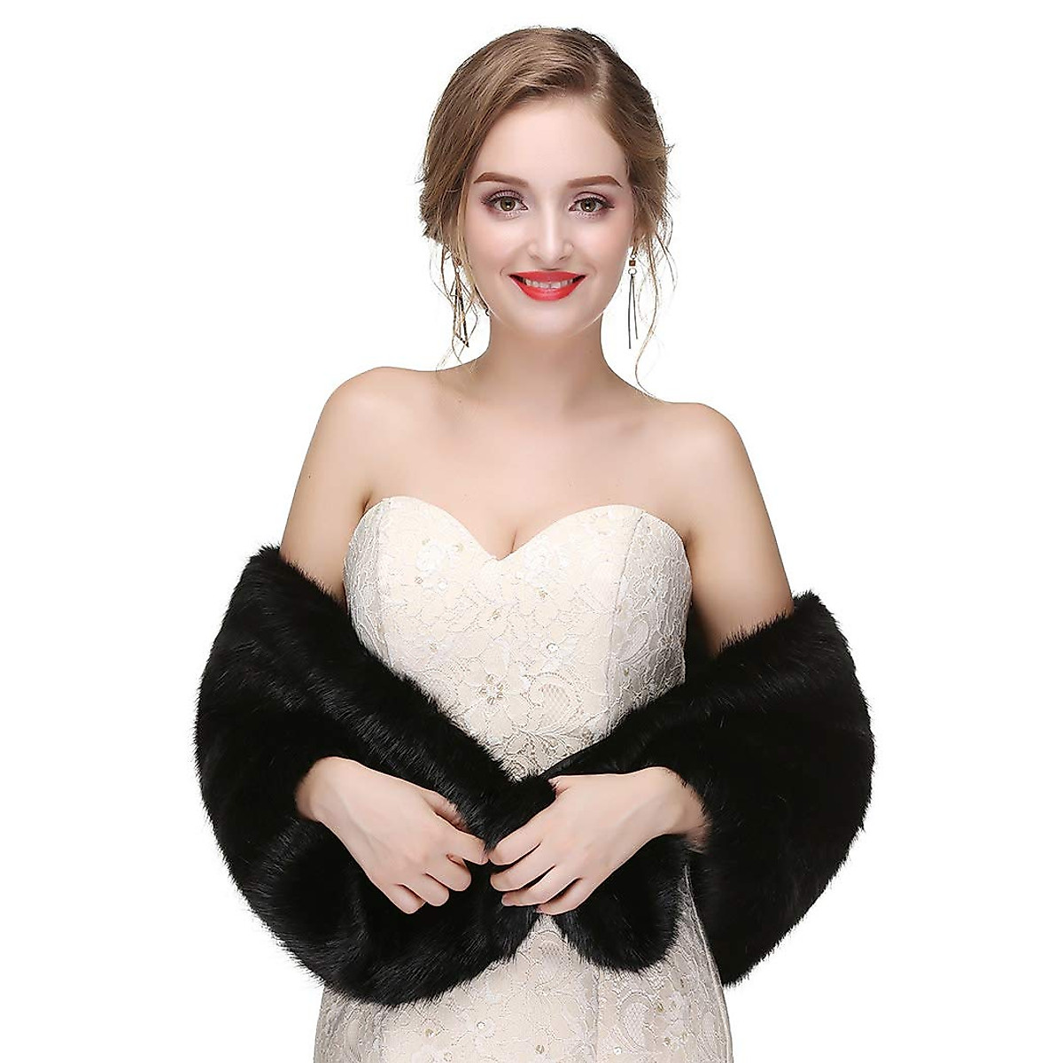 Haloty Wedding Faux Fur Shawl 1920s Women Fur Shawls and Wraps Bride Fur Stole Bridal Faux Fur Capelet Fur Cape Fur Shrug with Brooch for Women and Girls(Black)