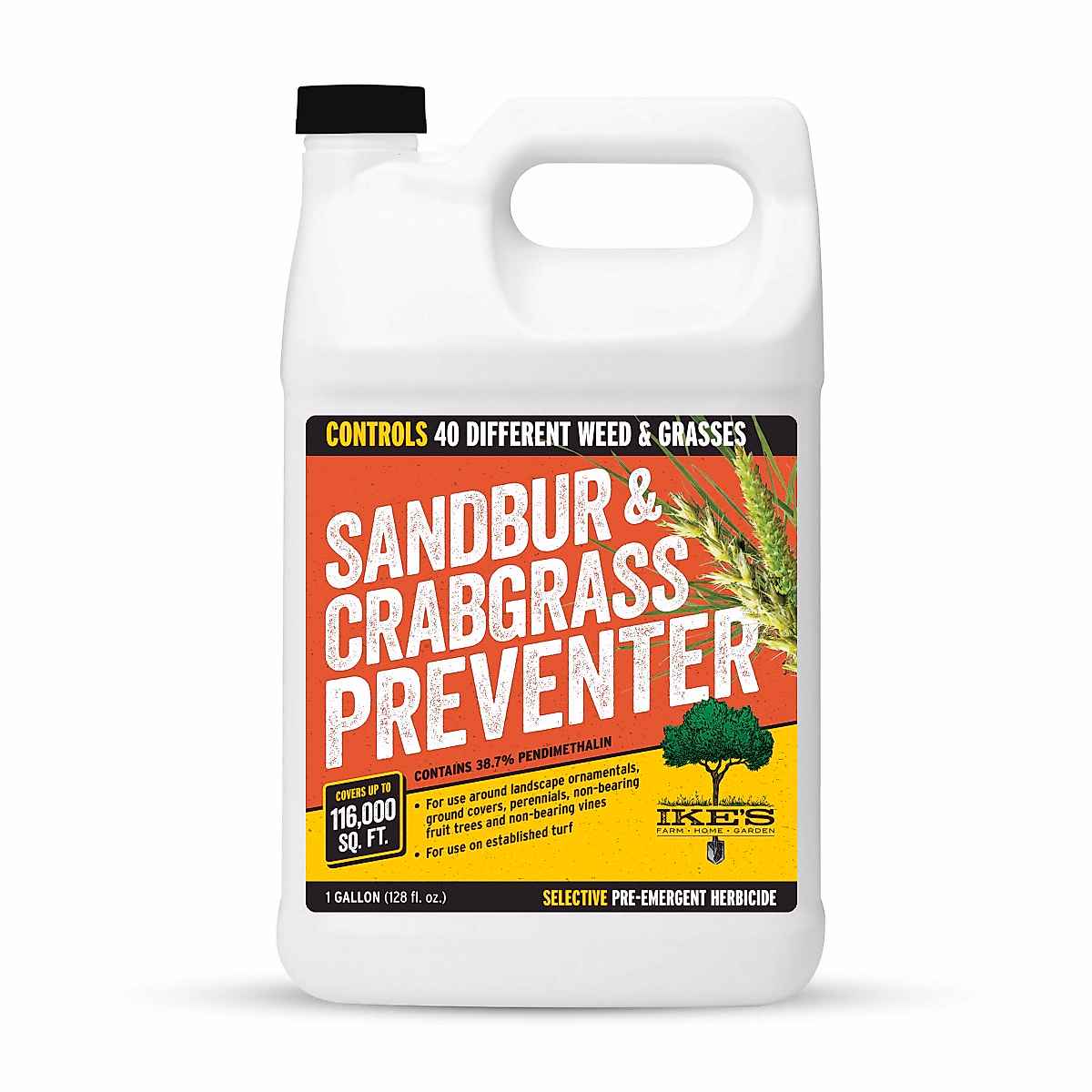 Ike's Sandbur & Crabgrass Preventer | Stop Unwanted Weeds and Grasses Before They Germinate | Easy to Use Pre-Emergent | Convenient Tip and Measure Packaging (Gallon) Orange
