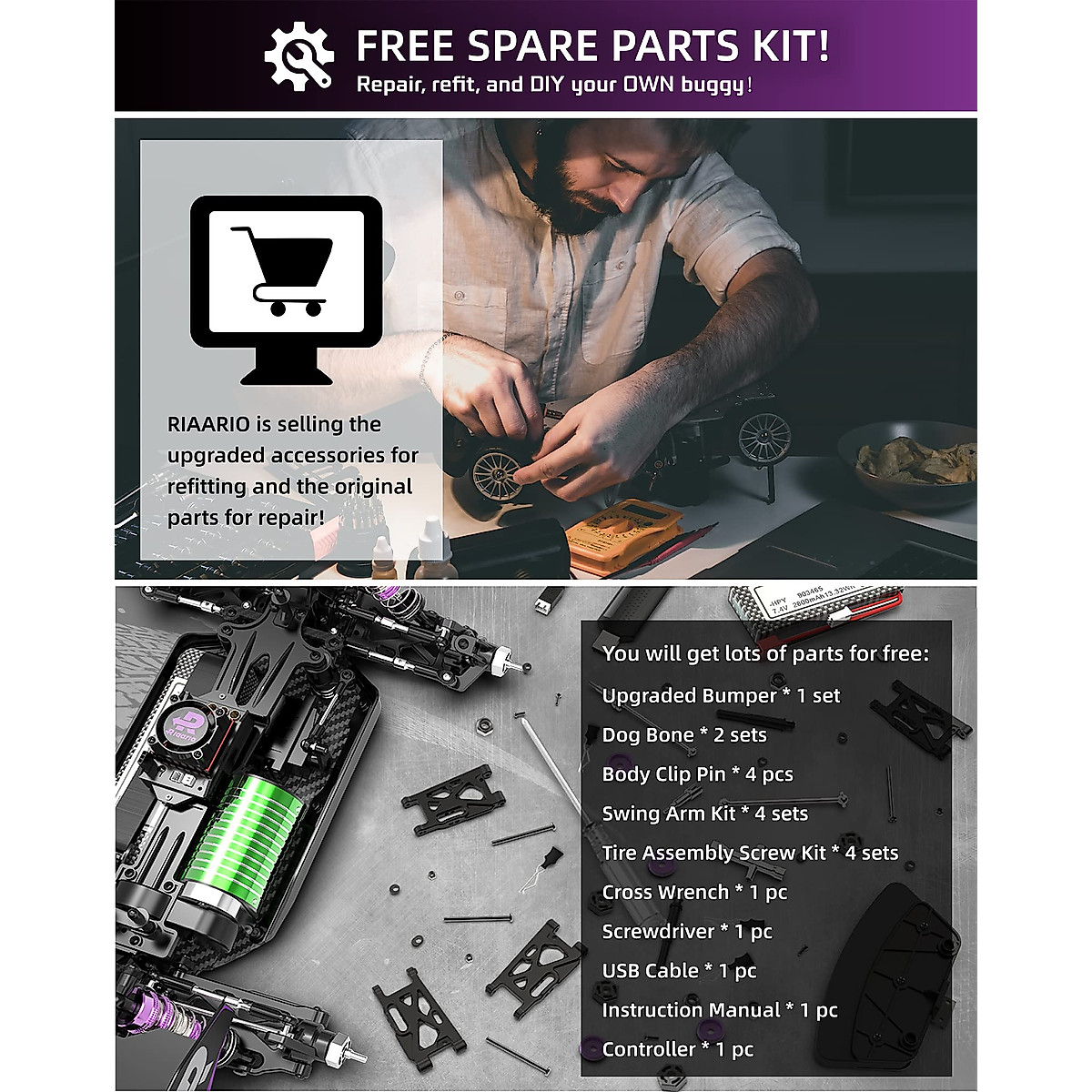 RIAARIO 1:14 RTR Brushless Fast RC Cars for Adults, Max 63mph Hobby RC Truck, 4X4 Remote Control Car for Boys with Carbon Fiber Chassis & Metal Gear, Oil Filled Shocks Electric Vehicle Buggy for Kids