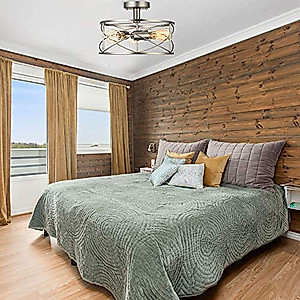 Capslpad Industrial Semi-Flush Mount Ceiling Light Vintage Close to Ceiling Lamp 3-Light Farmhouse Retro Metal Cage Ceiling Light Fixture for Bedroom Kitchen Foyer Hallway (Brushed Nickel)