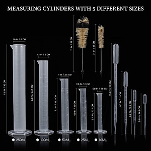Lurrose Graduated Cylinders Set 5 Plastic Measuring Cylinders Lab Test Tube 250ml, 100ml, 50ml, 25ml, 10ml with 4 Droppers 2 Tube Brushes for Science Projects School