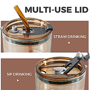 Puraville 12 oz Coffee Cup 2pcs Glass Cups with Lids and Straws Coffee Mug Set with Insulated sleeve Glass Tumbler Drinking Jar, Amber and Gray