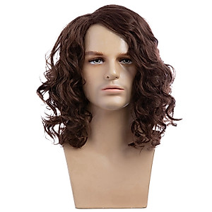 Beweig Mens Brown Wig Long Wavy Brown Male Wig Shoulder Length Side Part Unisex Wig Heat Resistant Synthetic Hair Cosplay Party Costume Wig