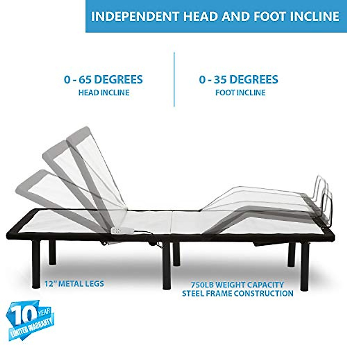 zzZenSleep e2 Adjustable Bed Frame with Independent Head and Foot Incline, Fast and Easy No Tools Required Assembly with 10 Year Limited Warranty (Queen)