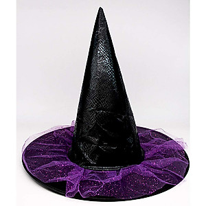 Seasons Stars SSDecor Witch Hat with Purple Tulle and Sequins, Black and Purple Costume Accessory for Kids Women Party