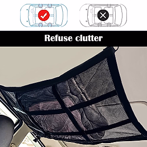 Improve Version Car Ceiling Cargo Net Pocket with Zip,Reinforced Webbing&Double Layers Cargo Carrier,Universal Road Trip Essentials Car Organizers and Storage for Tent,Toy,Quilts