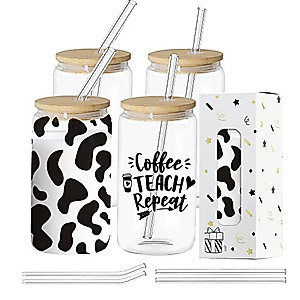 MerryJoy 4 PACK Sublimation Glass Blanks With Bamboo Lid,16 OZ Clear Glass Cups With Lids And Glass Straws,Sublimation Glass Can,Sublimation Glass Blanks For Iced Coffee,Juice,Soda,Drinks,Beer