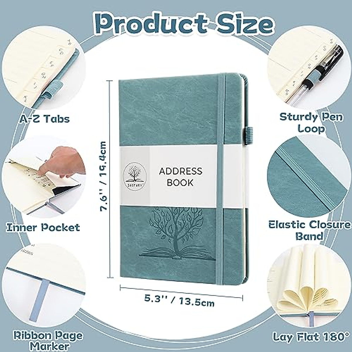 DAOFARY Address Book with Alphabetical Tabs - Small Address Keeper Book (5.3 * 7.6 in) with Inner Pocket, Hardcover Address Notebook for Store Your Important Informations (Blue Haze)