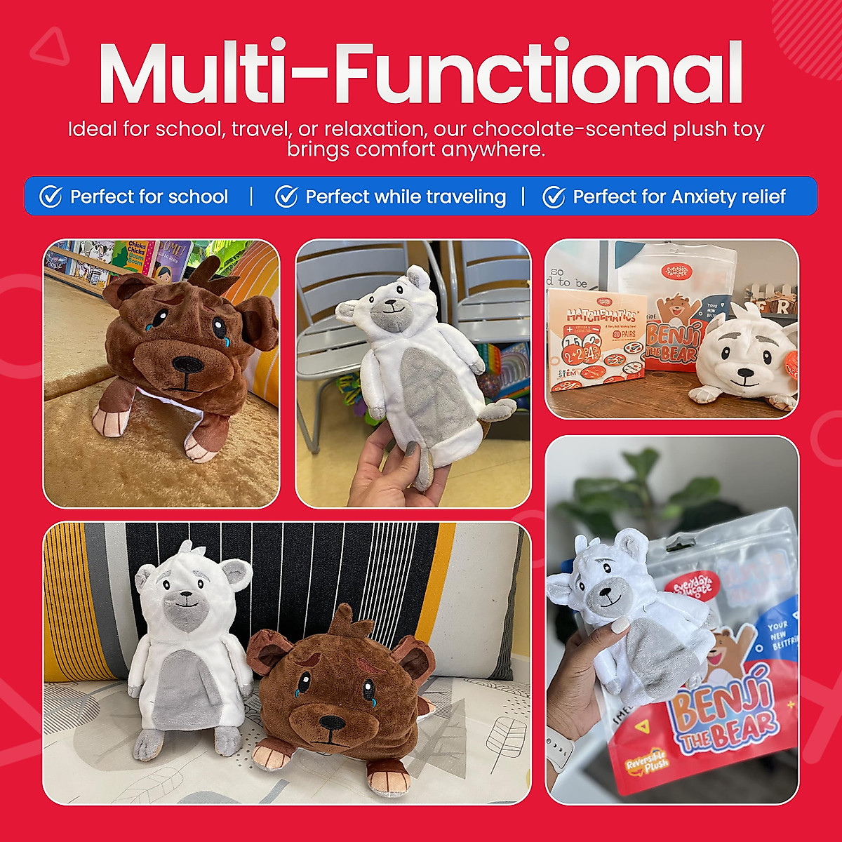 Reversible Toy Plush for Girls & Boys, Educational Mood Regulating Plushie Teddy Bear, Chocolate Scented Benji The Bear Realistic Stuffed Animal for Babies, Toddlers, Preschool, Kindergarten