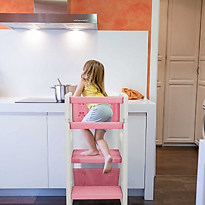 Nursery Kitchen Step Stool w/ 3 Adjustable Heights Toddler Standing Tower Kids Learning Stool w/Double Safety Rails & Non-Slip Foot Pads Cooking Stool Stand Helper Bathroom Counter Footstool (Pink)