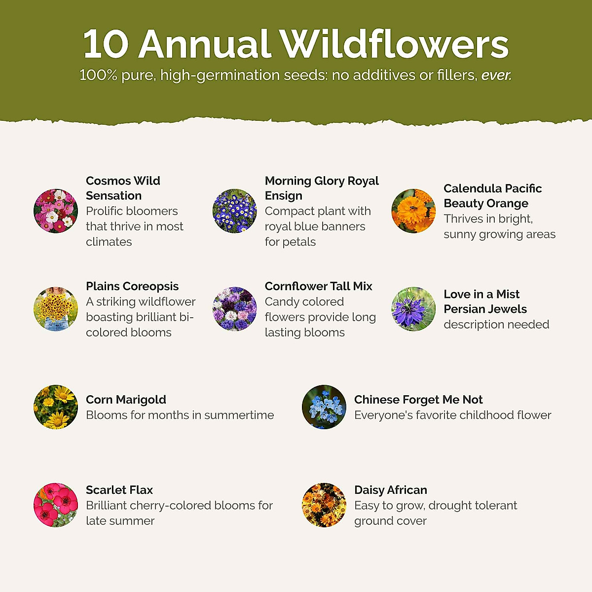 Eden Brothers Country Garden Flower Mixed Seeds for Planting, 5 lb, 2,400,000+ Seeds with Scarlet Flax, Cosmos Sensation | Attracts Pollinators, Plant in Spring or Fall, Zones 3, 4, 5, 6, 7, 8, 9, 10