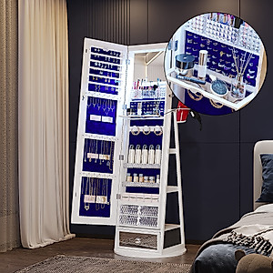 Dystler 360° Swivel Jewelry Cabinet with 6LED Lights, Rotatable Full Length Mirror with Jewelry Storage, Lockable Standing Jewelry Armoire Organizer, Foldable Makeup Shelf& Built-in Small Mirror,White