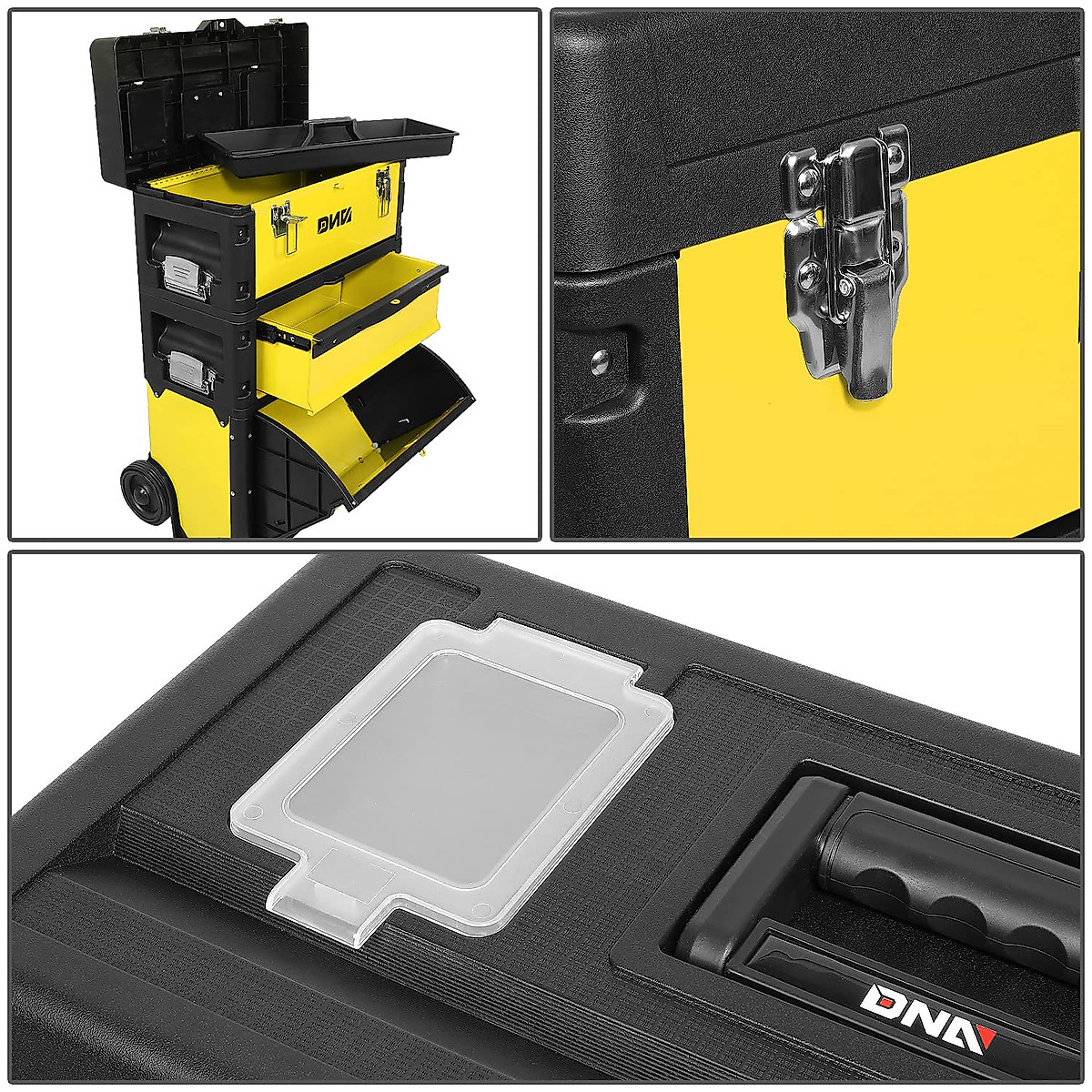‎DNA MOTORING TOOLS-00223 ‎19.5" x 28.5" x 12" 3-Tier Stackable Separate Hand Case Tool Boxes Trolley, 3-in-1 Storage Compartments,Yellow