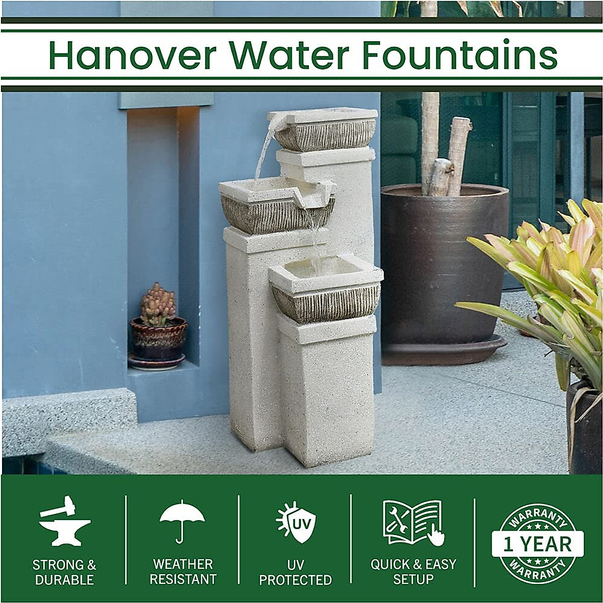 29.5-in. 3-Tier Tri-Column Indoor or Outdoor Garden Fountain with LED Lights for Patio, Deck, Porch