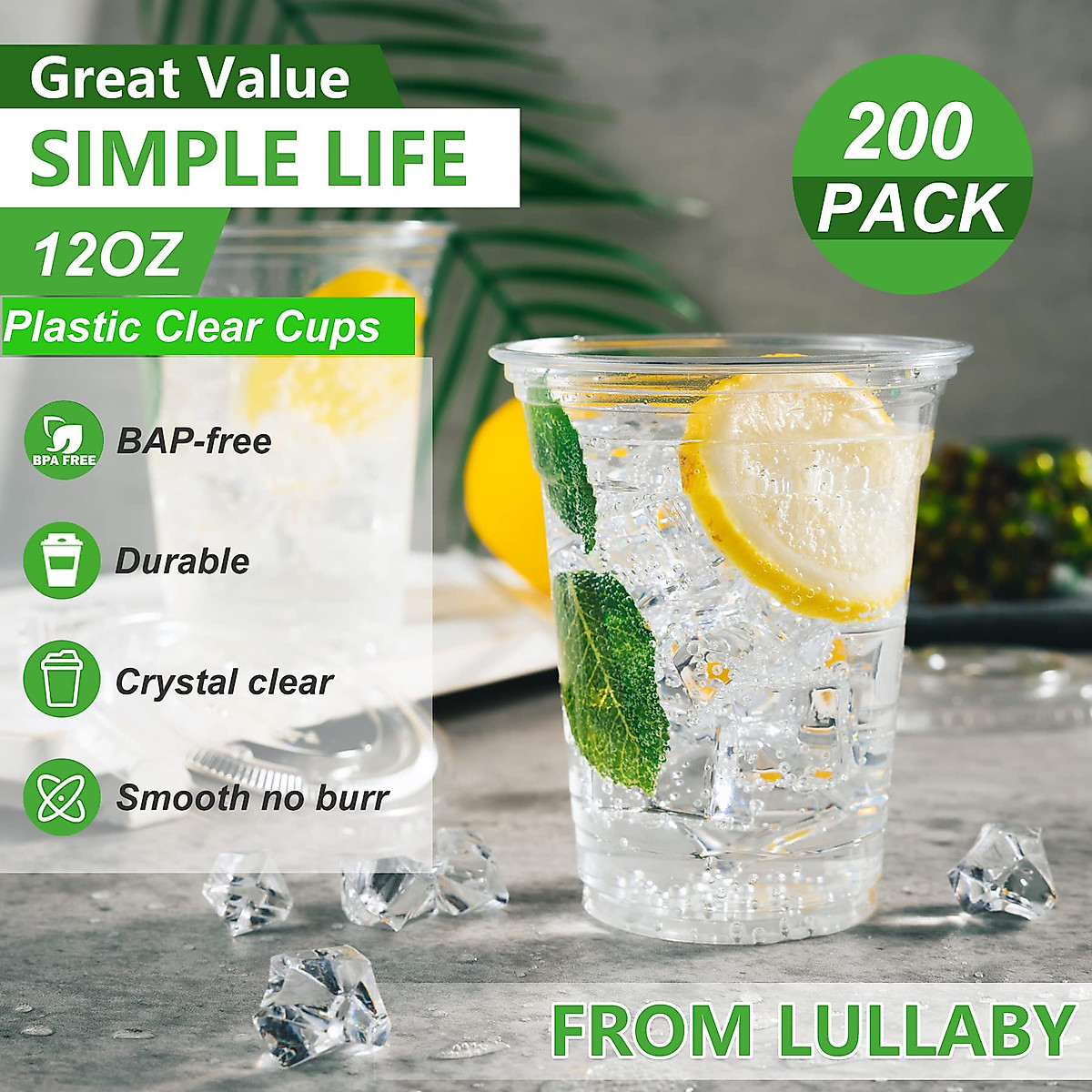 Lullaby 200 Pack Disposable Clear Solo Cups, 12oz Crystal Clear Plastic Cups Bulk, PET Drinking Cup for Water, Juice, Soda, Ice Coffee, Ideal for Party, Wedding and Daily Use