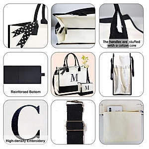 BeeGreen Gifts for Coworkers Mom Personalized Tote Bag Initial Canvas Tote Embroidery Bag Unique Monogram Gift Basket with Makeup Bag & Zipper Pouch for Office Teacher Hostess Sister A