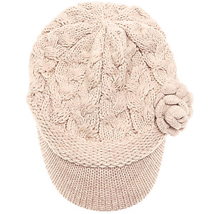 MIRMARU Women’s Knitted Newsboy Hat Double Layer Visor Beanie Cap with Soft Warm Fleece Lining(Cable Knit with Flower-Oatmeal)