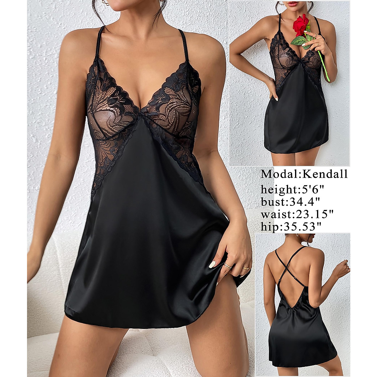 Avidlove Women Lingerie V Neck Nightwear Satin Sleepwear Lace Chemise Mini Teddy Black, Medium