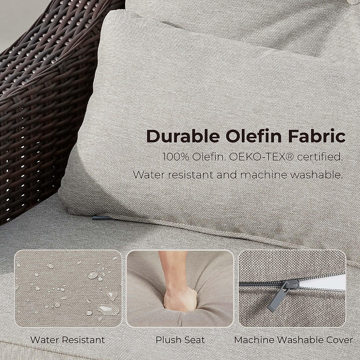 CHITA Patio Wicker Ottoman, Outdoor Rattan Footrest with Removable Cushion and Adjustable Foot Levelers for Backyard, Balcony, Apartment or Porch, Brownish Grey Cushions with Chestnut Wicker