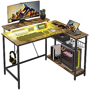 HOMCOM 42" L Shaped Desk with LED Lights, Power Outlet, USB Charging Ports, Reversible L Shaped Computer Desk with Storage Shelves, Monitor Stand, Corner Gaming Desk for Home Office, Rustic Brown