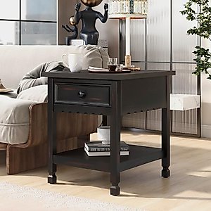 FDSPDO Classical Black&White End Table with Open Styled Shelf Large Storage Space,Side Table Drawer with Metal Handles for Living Room