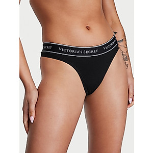 Victoria's Secret Cotton Logo Thong Panty Pack, Underwear for Women, 4 Pack, Black (S)